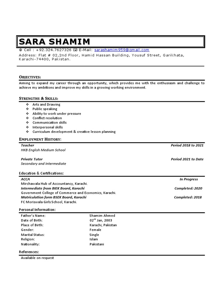 Sara Shamim CV | PDF