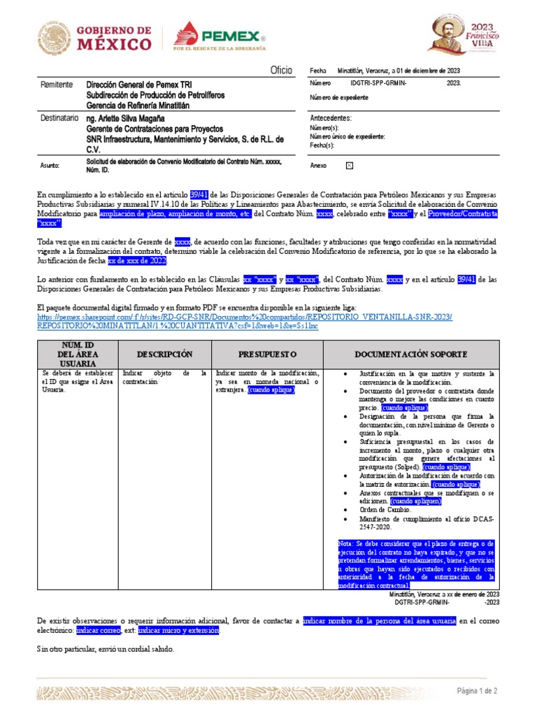 Solicitud de Convenio Modificatorio Pemex | PDF | Presupuesto