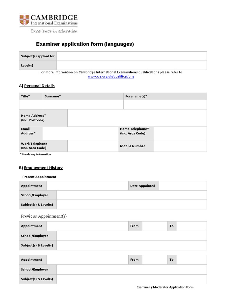 Examiner Application Form Languages | PDF