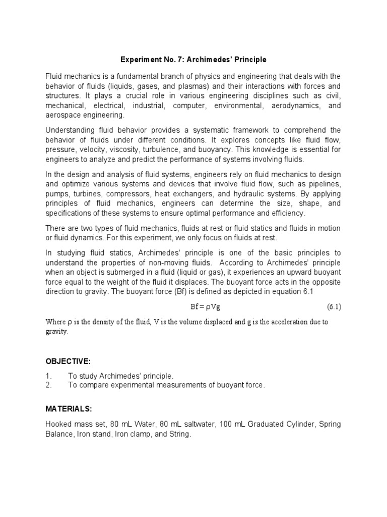 Experiment 7 (Physics For Eng) | PDF | Fluid Mechanics | Buoyancy
