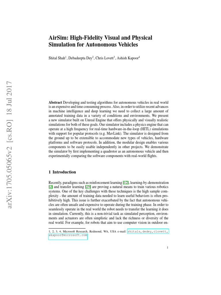 Airsim: High-Fidelity Visual and Physical Simulation For Autonomous Vehicles | Download Free PDF ...