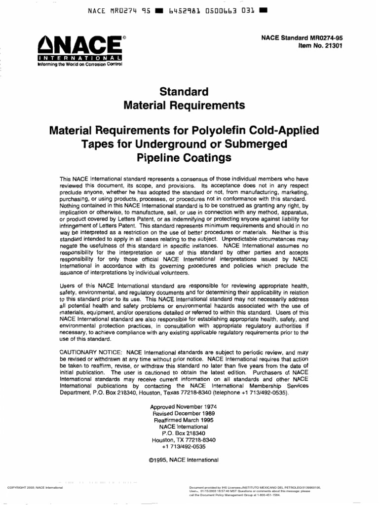 NACE-MR0274 Mat Req For Polyolefin Cold-Applied | Download Free PDF ...