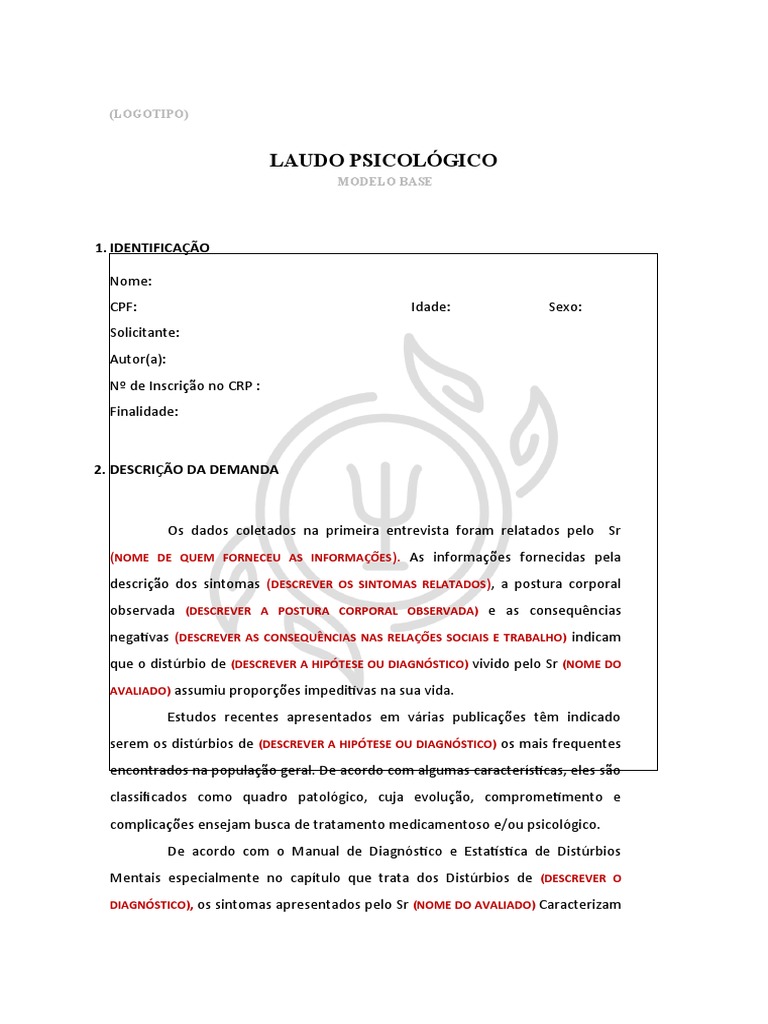 Laudo Psicológico - Modelo Base | PDF | Psicologia | Psicoterapia