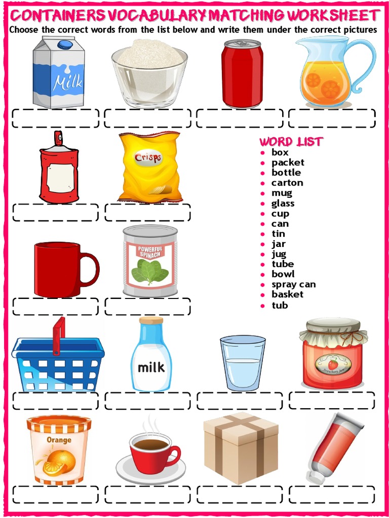 Food Containers Vocabulary Worksheet | PDF