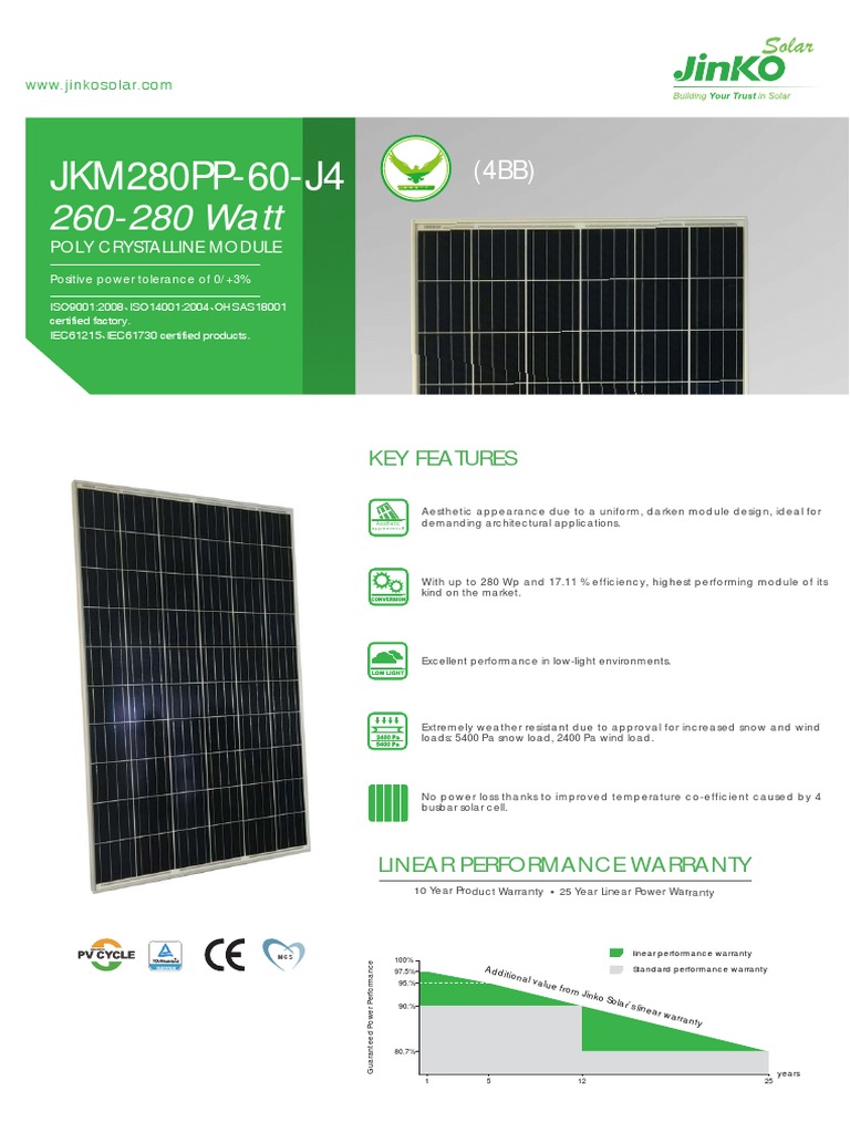Data Sheet Jinko 280 W | PDF | Electrical Engineering | Materials
