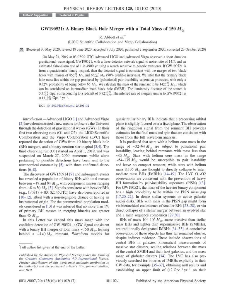 14 Gw190521 A Binary Black Hole Merger With A Total Mass Of 150 M