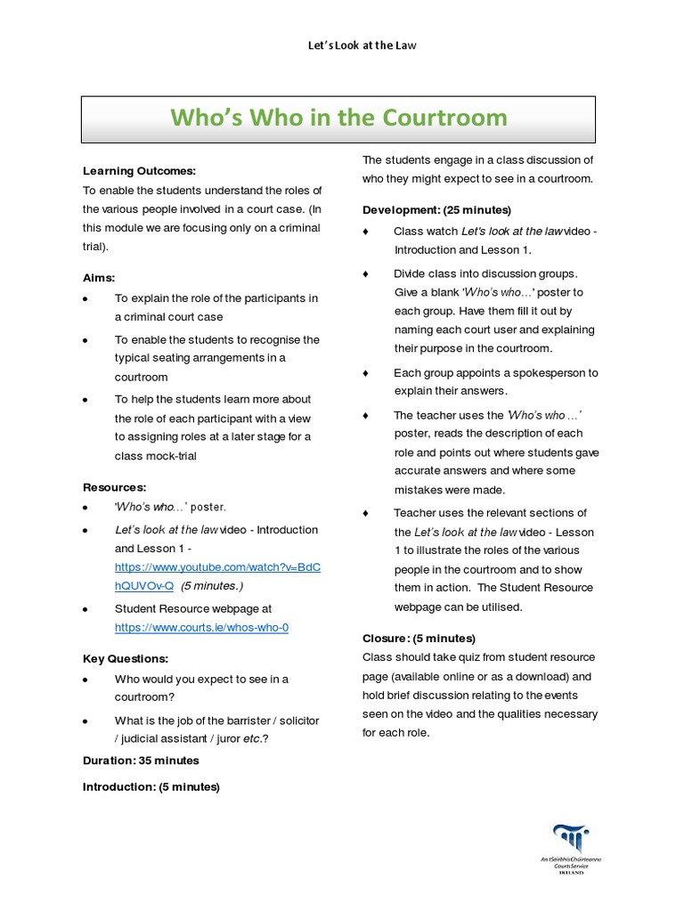 Lesson Plan - Who's Who in the Courtroom | PDF | Courtroom | Justice