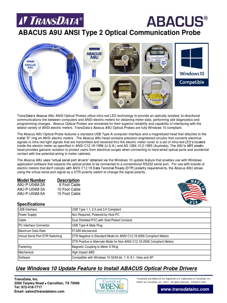 ABACUS ANSI Meter USB Probe by TransData A9U Data Sheet 44A0038 | PDF ...