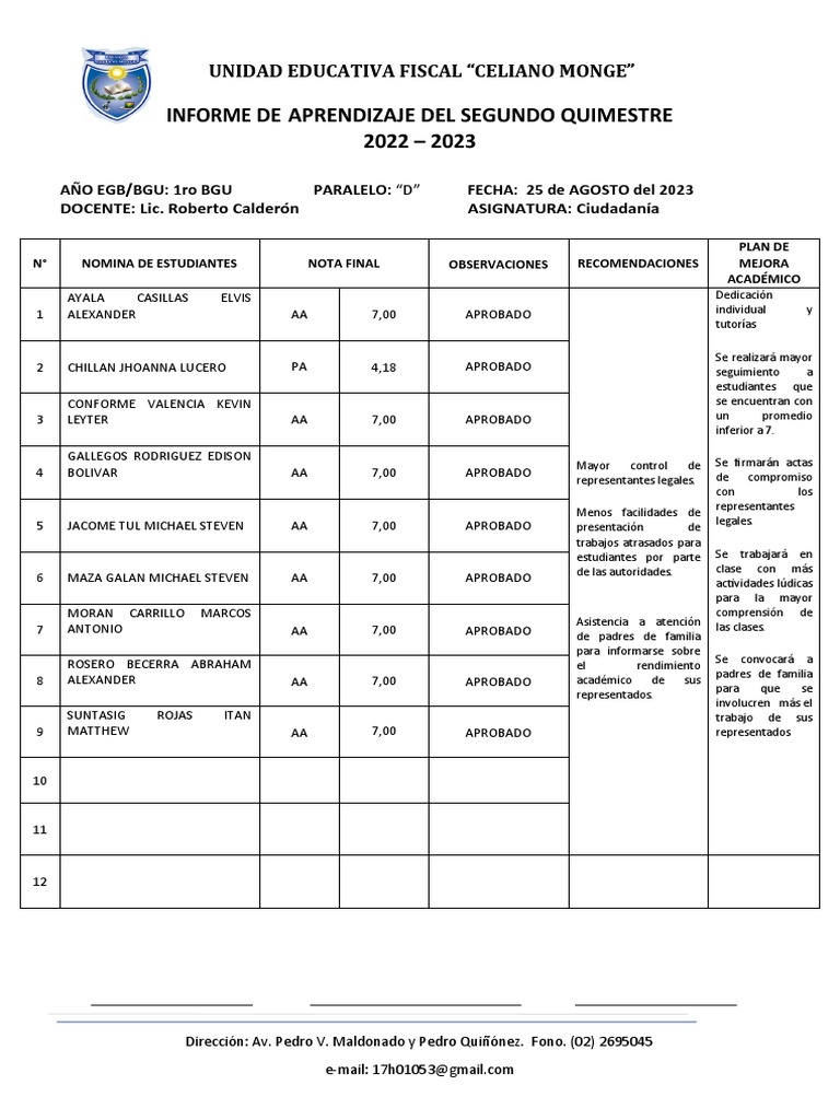 INFORME DE APRENDIZAJE FINAL 1ro D Ciudadania | PDF