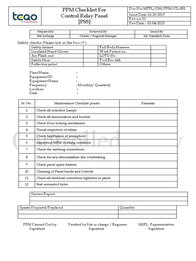 MTPL-OM-PPM-CL-001_PPM Checklist for Control Relay Panel [PSS] | PDF ...