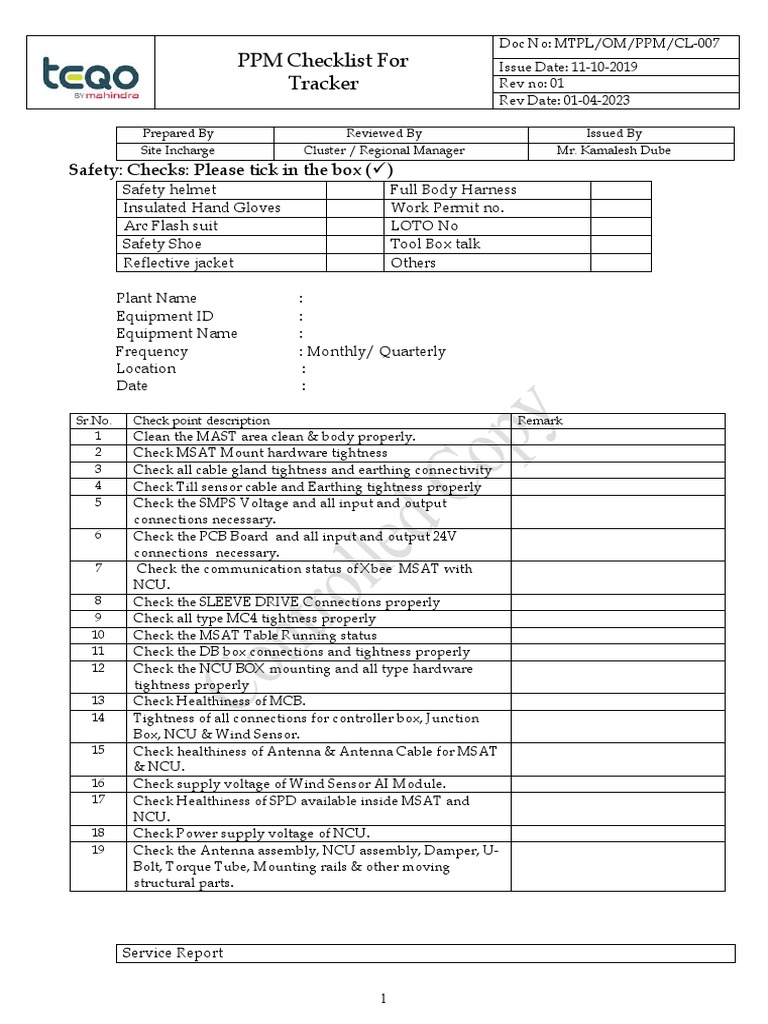 MTPL-OM-PPM-CL-007 - PPM Checklist For Tracker | PDF | Power Supply ...
