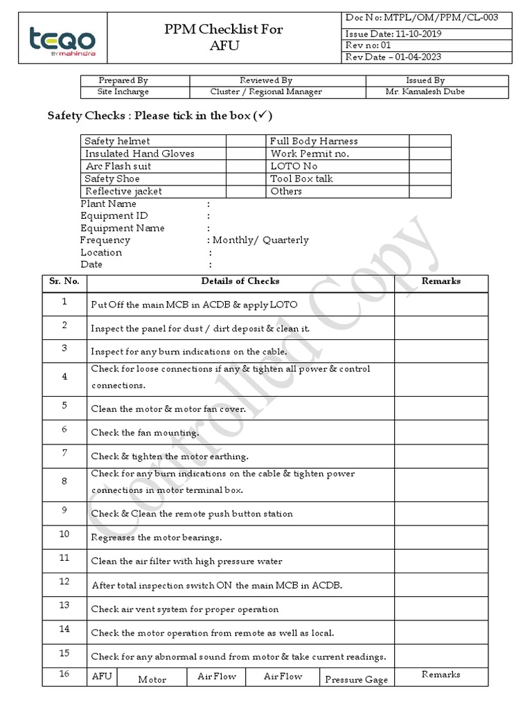 MTPL-OM-PPM-CL-003 - PPM Checklist For AFU | PDF | Electricity ...