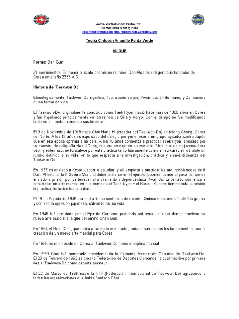 Teoria Cinturon Amarillo Punta Verde | PDF | Taekwondo | Artes ...