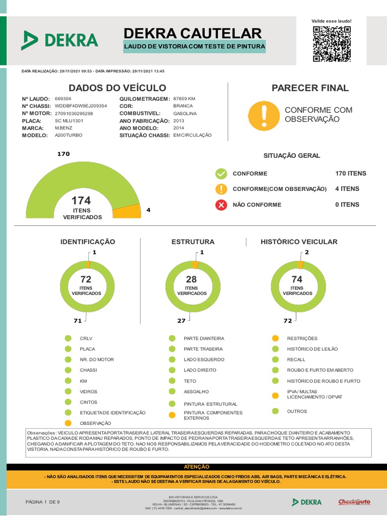 Dekra Cautelar: Dados Do Veículo Parecer Final | PDF | Informação | Leilão