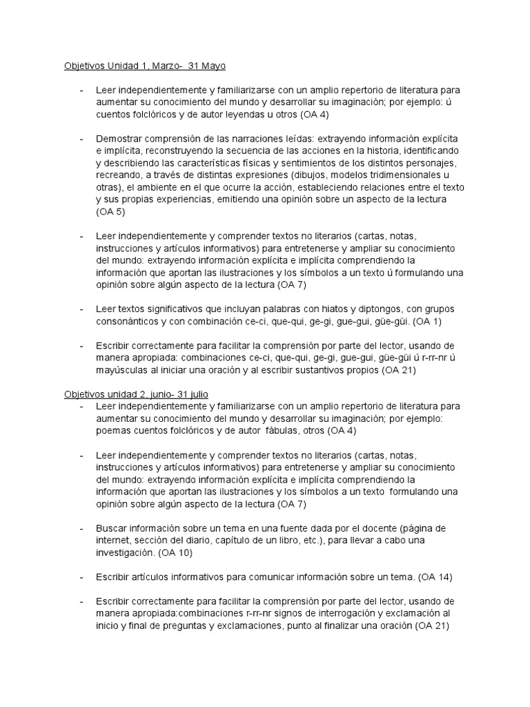 Objetivos Lenguaje 2do Básico Unidad 1,2 | Descargar gratis PDF ...