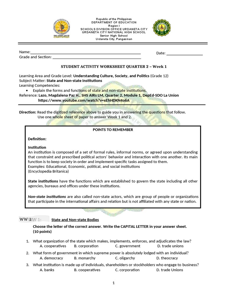 Ucsp As 2021 2022 Q2 W1 | Download Free PDF | Institution | Political Science