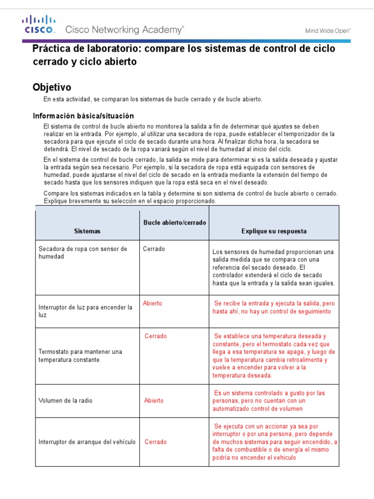 1.1.3.10 Lab - Compare Closed-Loop and Open-Loop Control Systems Final | PDF | Sistema de ...