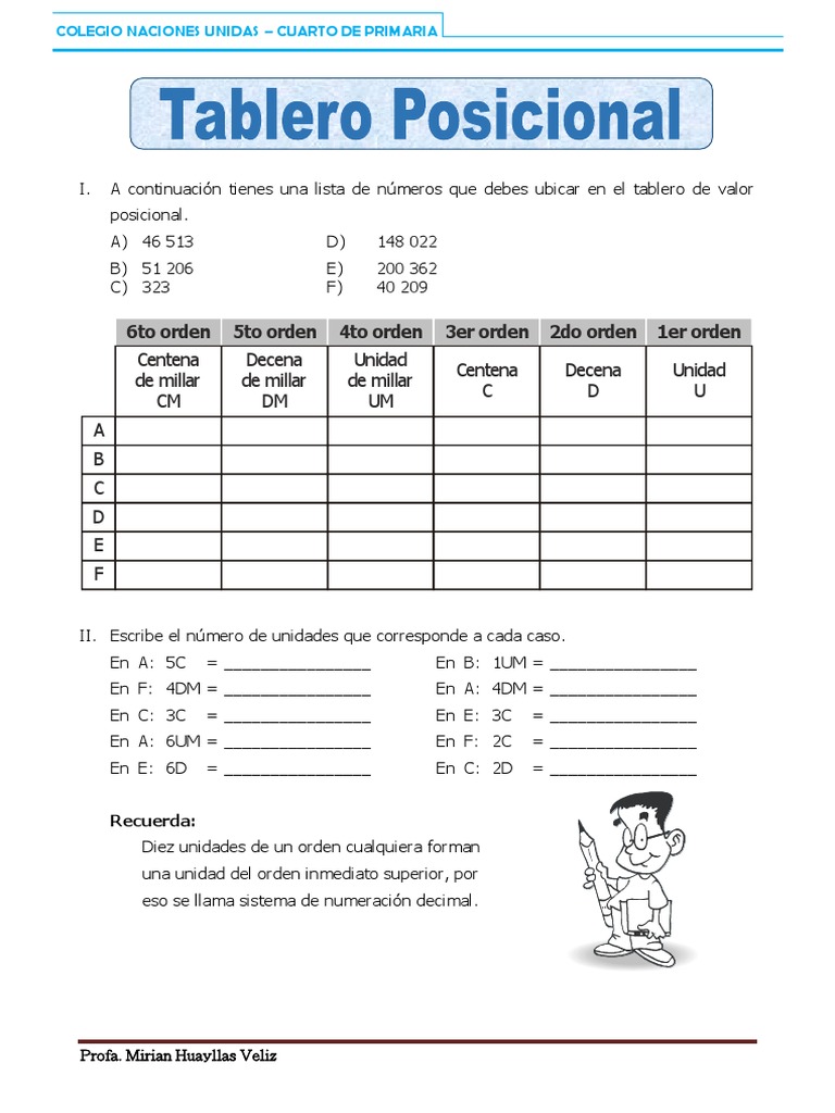 Hojas De Trabajo De Valor Posicional De Cuarto Grado Gratis Tabla De