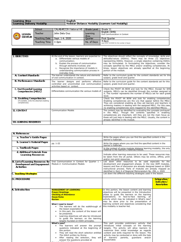 Oral Communication Models Lesson Plan | PDF | Learning | Teaching Method