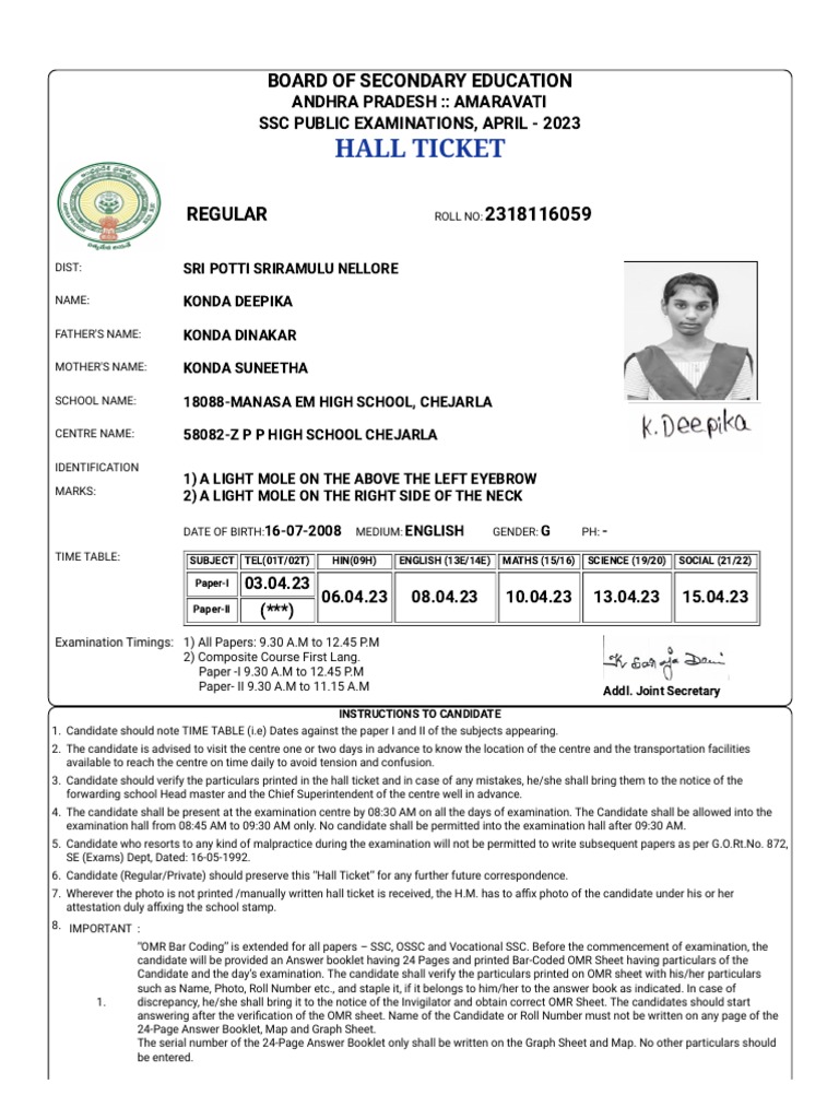 SSC Regular Hallticket | PDF | Languages Of India | Languages Of Asia