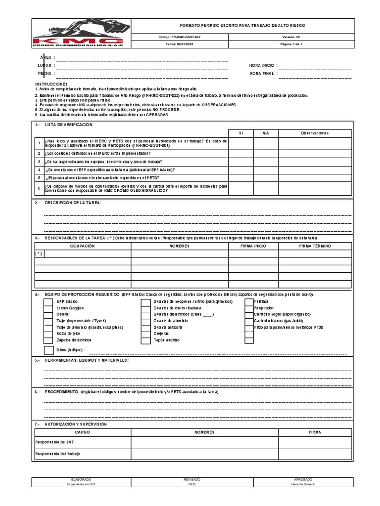 FR-KMC-GSST-022 Permiso Escrito para Trabajo de Alto Riesgo | PDF FR-KMC-GSST-022 Permiso Escrito para Trabajo de Alto Riesgo | PDF
