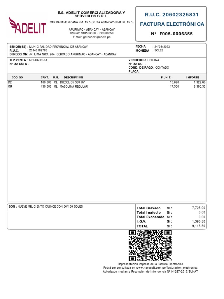 Factura Electrónica R.U.C. 20602325831: E.S. Adelit Comercializadora Y Servicios S.R.L | PDF ...