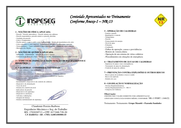 Certificado - Verso - Treinamento Caldeira - NR-13 - Masutti | PDF | Caldeira | Calor