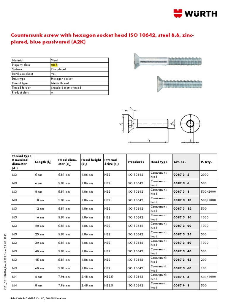 Countersunk Screw With Hexagon Socket Head Iso 10642 Steel 8 8 Pdf Screw Equipment