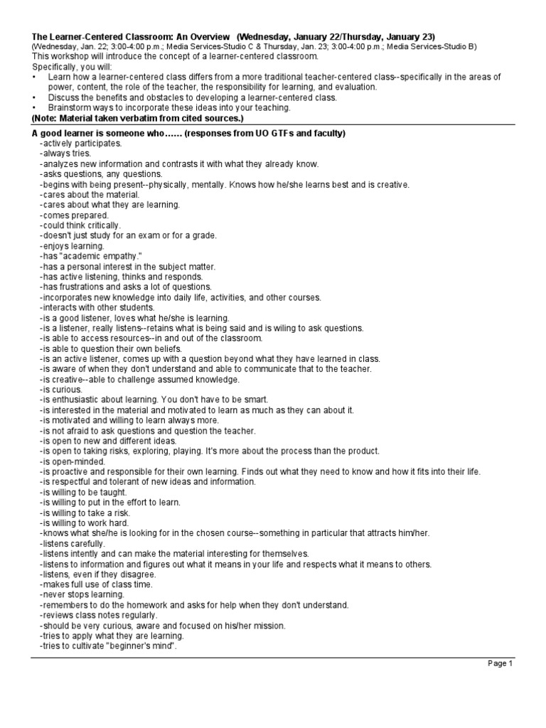Learner-Centered Classroom Workshop Overview | PDF | Motivation ...