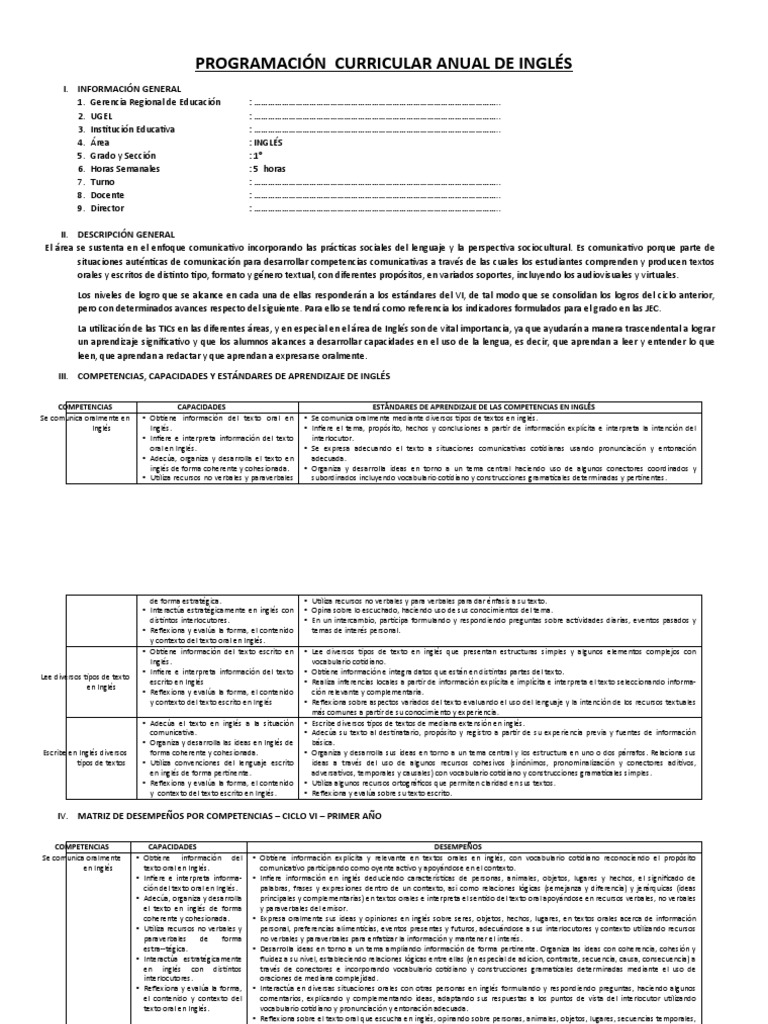 1ro Programacion Anual De Ingles PDF Ense ando Entorno Natural