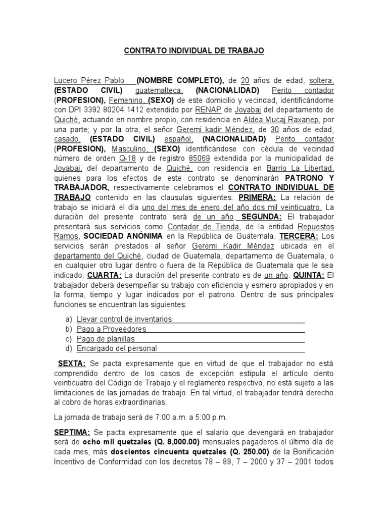 Contrato Individual de Trabajo | PDF | Guatemala