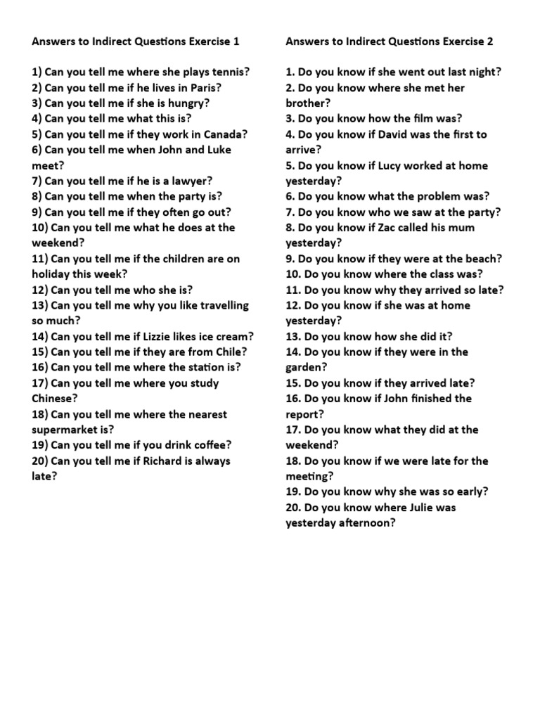 Answers to Indirect Questions Exercise 1 and 2 | PDF