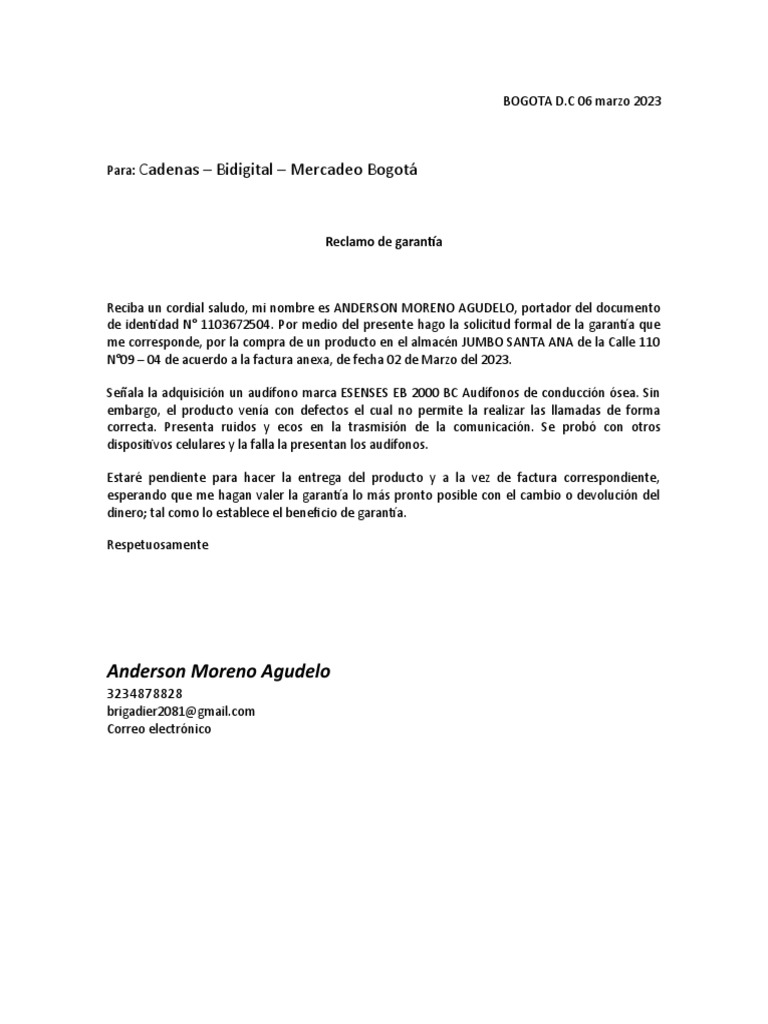 Modelo de Carta de Reclamo de Garantía (Un Producto) | PDF