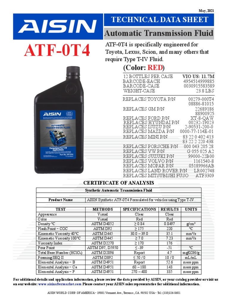 AISIN ATF-0T4 Transmission Fluid Details | PDF | Transport | Car ...