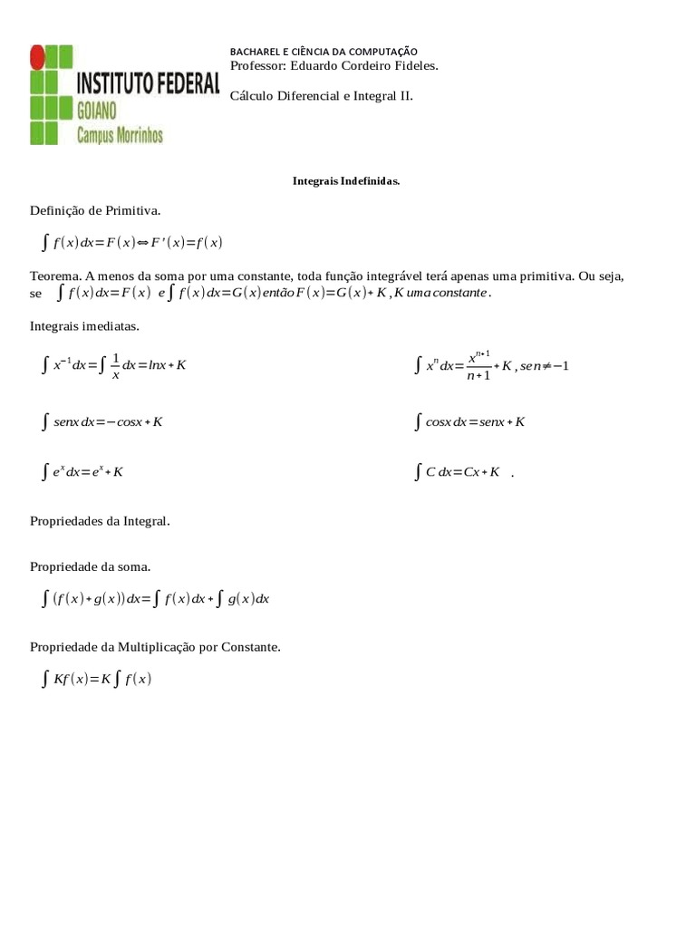 Lista 1 Integrais Indefinidas | PDF | Integrante | Cálculo