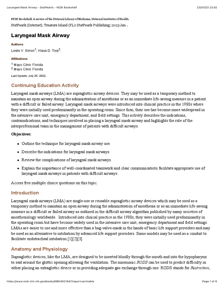 Laryngeal Mask Airway: Continuing Education Activity | PDF | Clinical ...