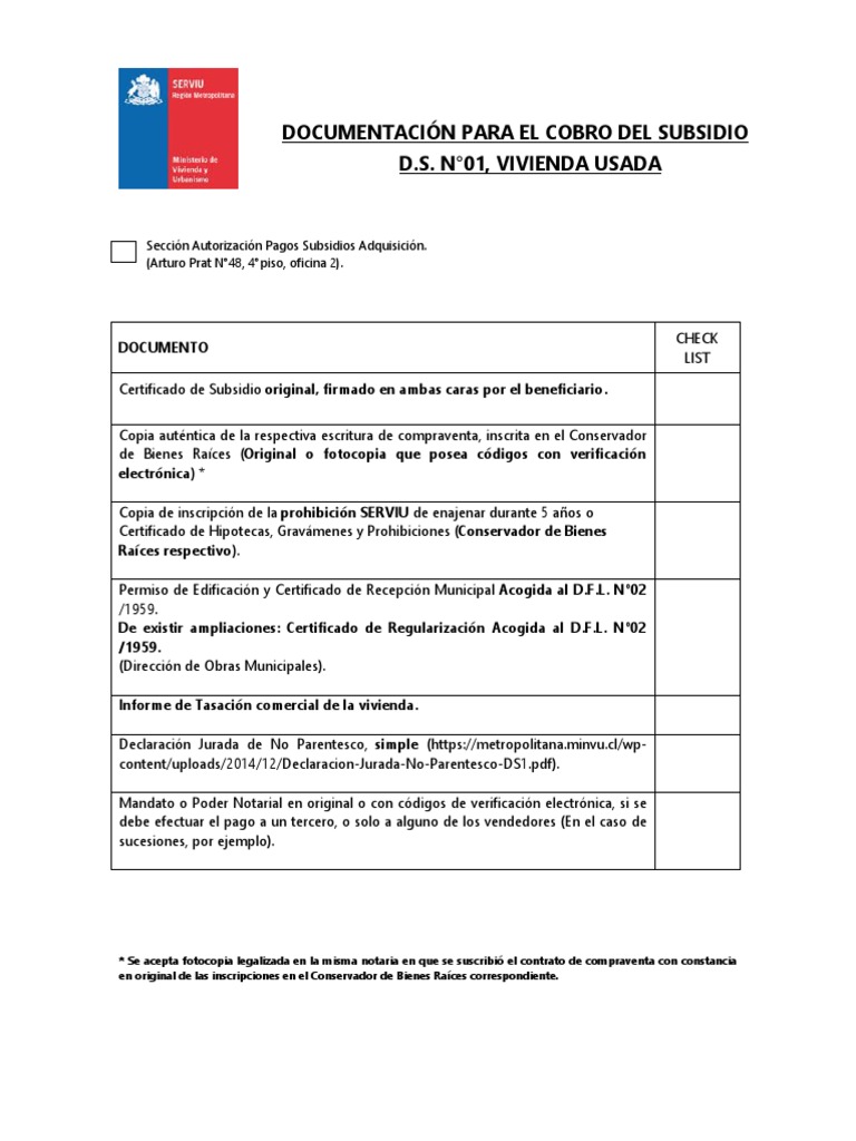 Check List Documentos para El Cobro Subsidios DS1 Vivienda Usada | PDF