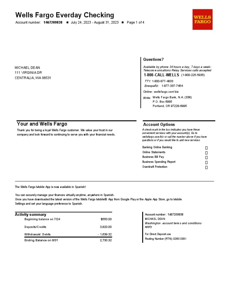 Wells Fargo Bank Statement | PDF | Fee | Banks