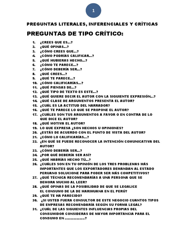 Preguntas Literales, Inferenciales y Críticas | PDF