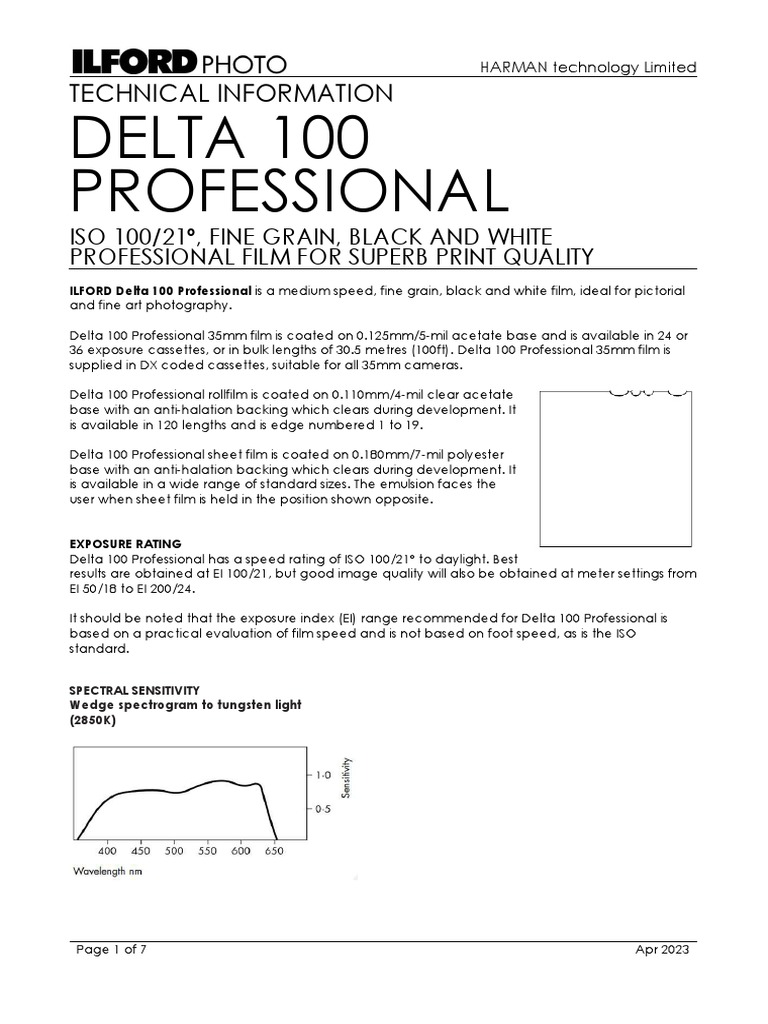 Delta 100 Technical Data Sheet April 23 Pdf Film Speed Exposure
