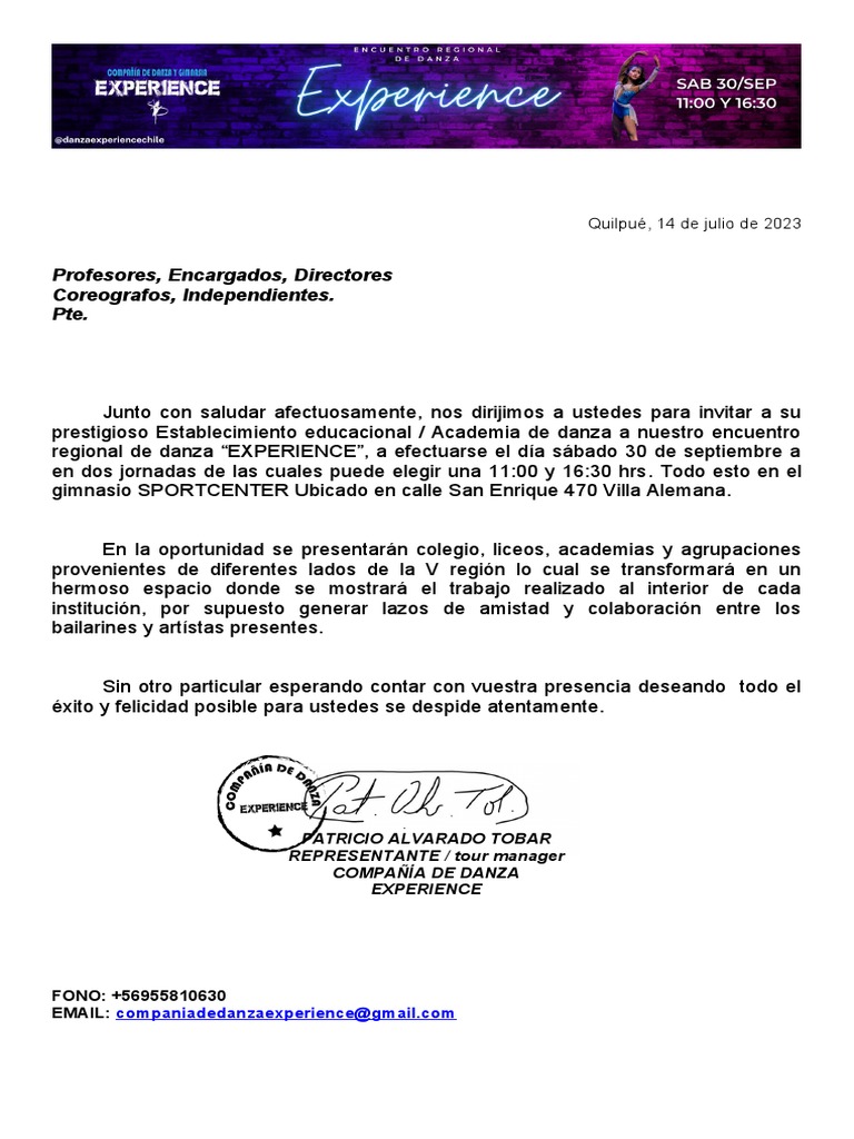 CARTA INVITACIÓN ENCUENTRO DE DANZA EXPERIENCE 2023 | PDF