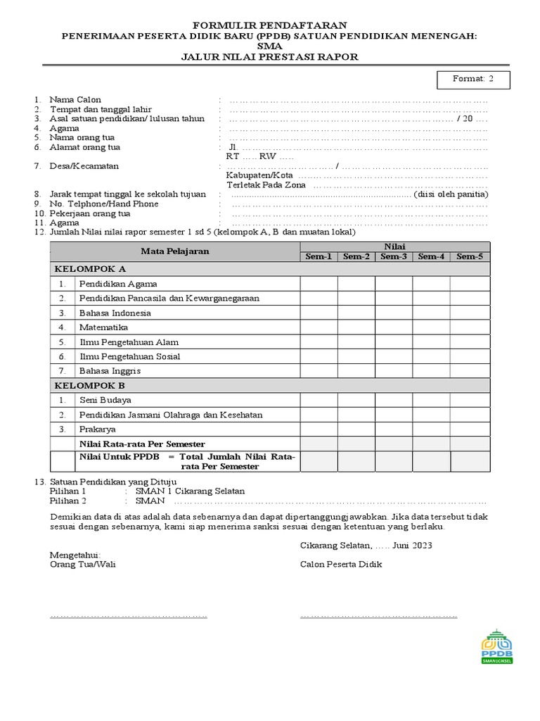 Form Pendaftaran Prestasi Rapor SMP | PDF