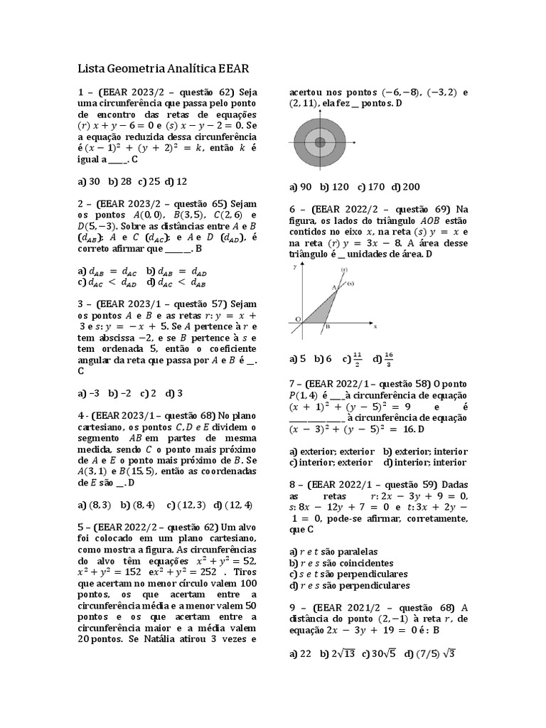 Lista Geometria Analítica EEAR | PDF | Círculo | Linha (Geometria)