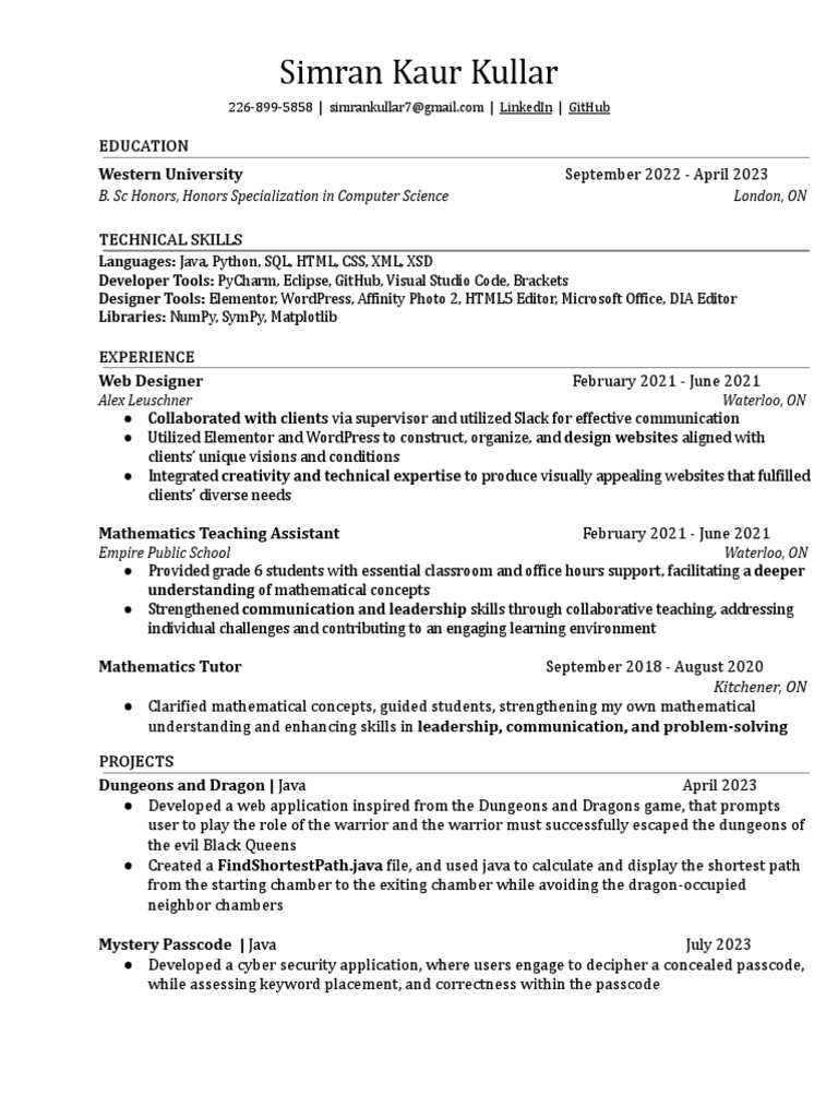 Simran Kaur Kullar: Computer Science Portfolio | PDF | Java (Programming Language) | World Wide Web