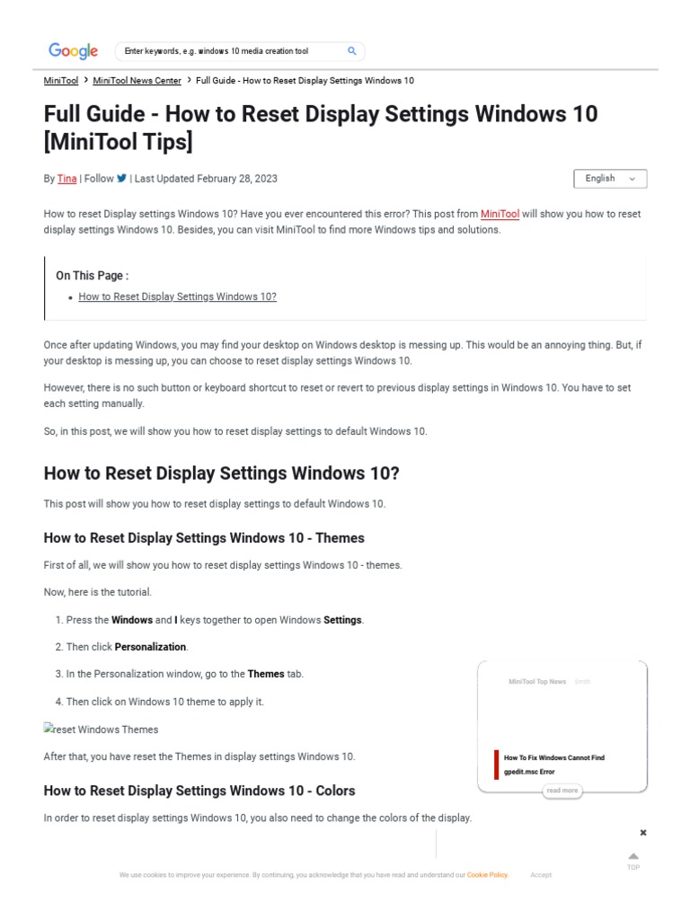 Reset Display Settings Windows 10 Guide | PDF | Windows 10 | Microsoft ...