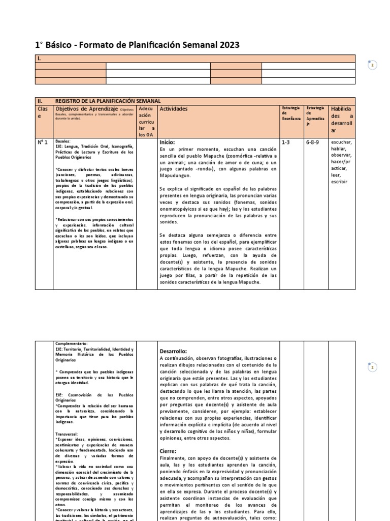 1-2-3-Basico Planificación Semanal 2023 Segundo Semestre Mapudungun ...