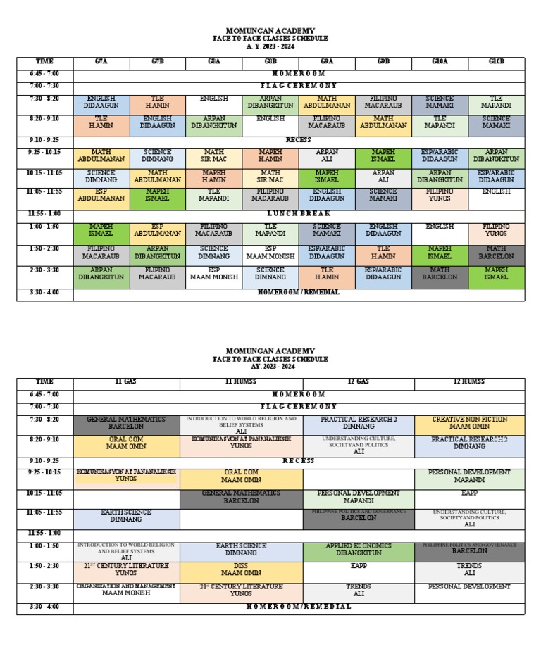 Momungan Academy Class Schedule 2023-2024 | PDF | Science