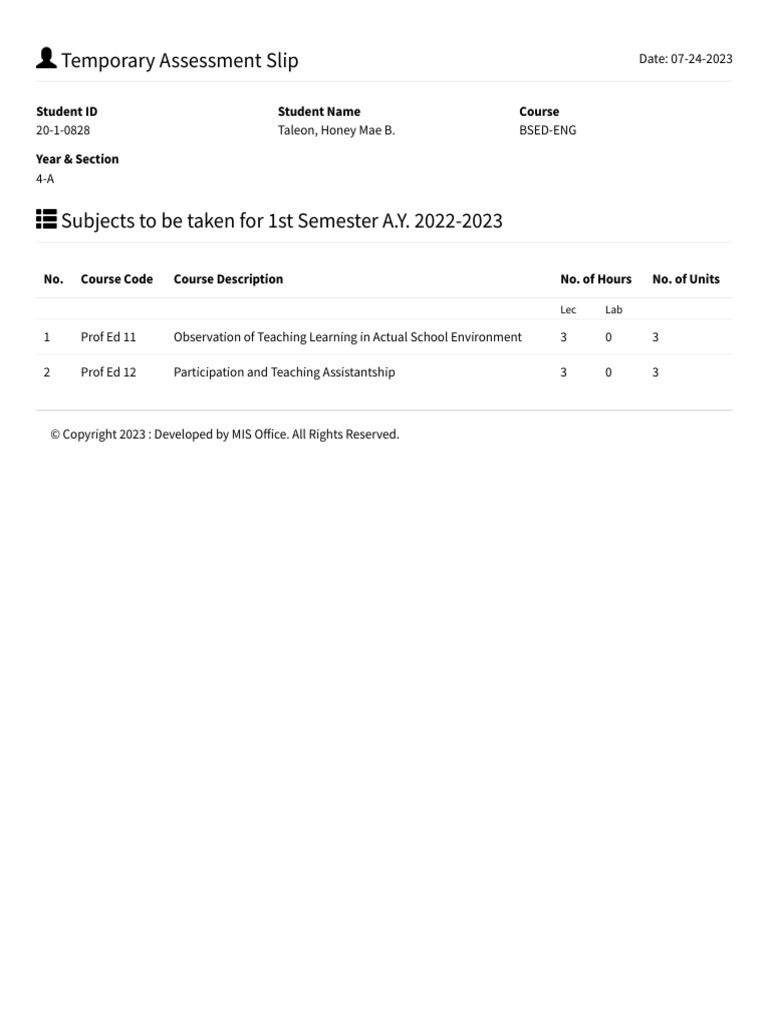 Temporary Assessment Slip - Online Enrollment Portal - DeBESMSCAT | PDF