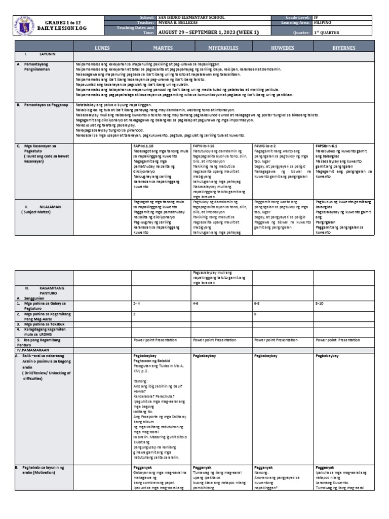DLL - Filipino 4 - Q1 - W1 | PDF