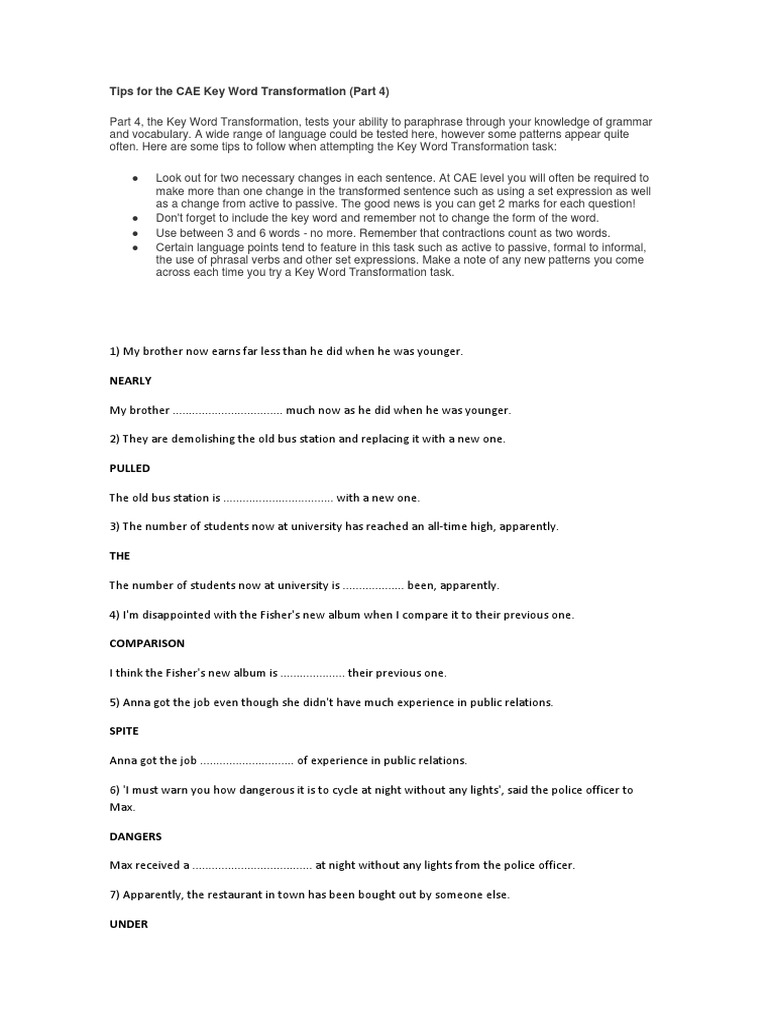 Tips For The CAE Key Word Transformation | PDF | Syntax | Human Communication
